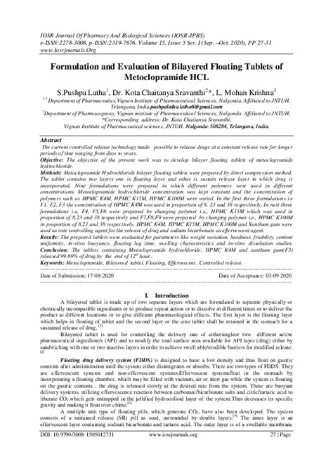 Pdf Formulation And Evaluation Of Bilayered Floating Tablets Of Metoclopramide Hcl