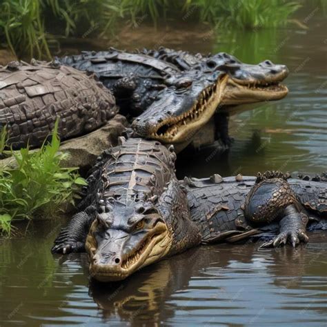 Premium Photo A Group Of Alligators Are Swimming In A Pond