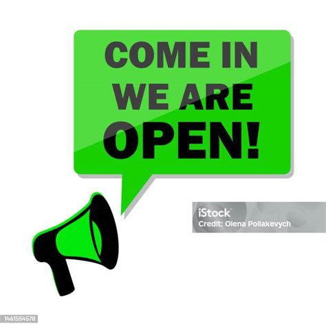 확성기 스피커 들어오세요 우리는 열려 있습니다 현실적인 메가폰 메시지 홍보 포스터 개념에 대한 스톡 벡터 아트 및 기타 이미지 개념 기포 녹음 장비 Istock