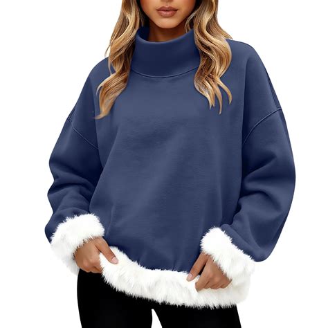 Kddylitq Womens Christmas Furry Fur Trim Pullover Y2k Solid Color