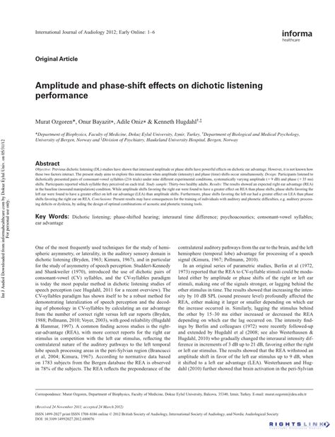 Pdf Amplitude And Phase Shift Effects On Dichotic Listening Performance