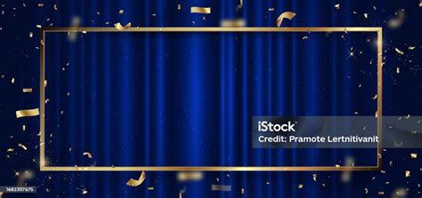 파란색 커튼 배경의 금색 프레임 황금 색종이 배너와 리본 배경 축하 그랜드 오프닝 파티 행복한 개념입니다 시상식에 대한 스톡 벡터 아트 및 기타 이미지 Istock