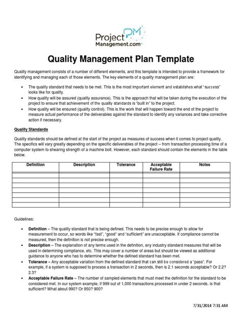 Simple Quality Control Plan Template