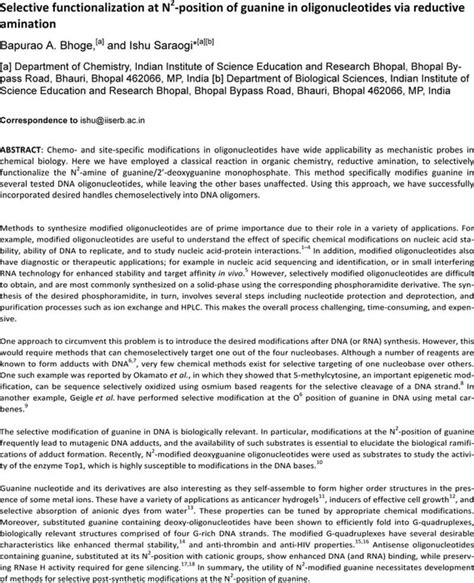 Selective Functionalization At N2 Position Of Guanine In Oligonucleotides Via Reductive
