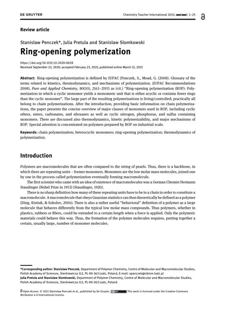 Pdf Ring Opening Polymerization