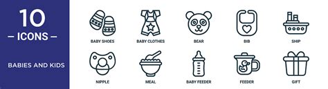 아기와 아이 개요 아이콘 세트는 얇은 선 아기 신발 곰 배 식사 피더 선물 보고서 프레 젠 테이션 다이어그램 웹 디자인을위한 젖꼭지 아이콘을 포함합니다 0명에 대한 스톡