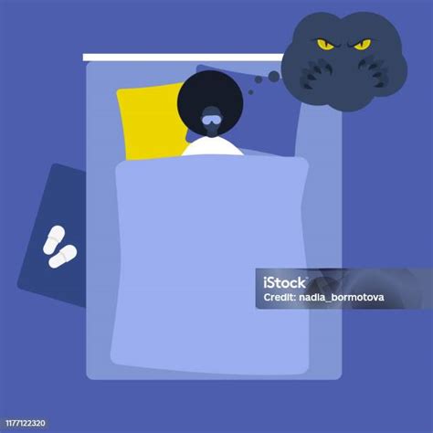악몽 젊은 흑인 여성 캐릭터 침대에서 자 고 밤 시간 괴물 스트레스 현대적인 라이프 스타일 플랫 편집 가능한 벡터 일러스트레이션 클립 아트 감정에 대한 스톡 벡터 아트 및