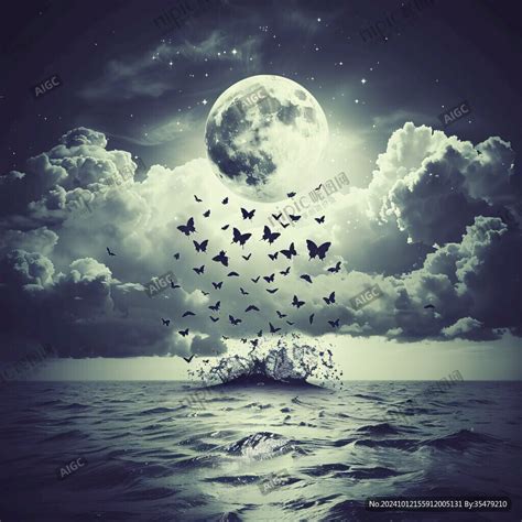 Ai创作图创意合成图片 超现实合成 乌云云彩遮盖月亮 合成海报设计 月光下的蝴蝶 合成场景 海报合成设计 超现实主义图片 漂浮在空中的神秘岛屿 睡眠云朵月亮 大气合成海报 超现实主义意境画