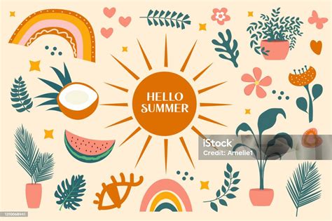 열대 야자수 잎과 과일 무지개와 개체의 안녕하세요 여름 보헤미안 추상 세트 여름 창조적 인 현대 미학 낙서 요소 벡터 일러스트레이션 0명에 대한 스톡 벡터 아트 및 기타