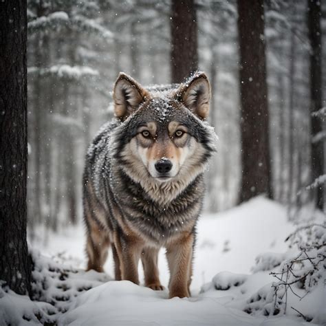 Premium Ai Image Winters Gaze Gray Wolf Cub In Snowy Forest