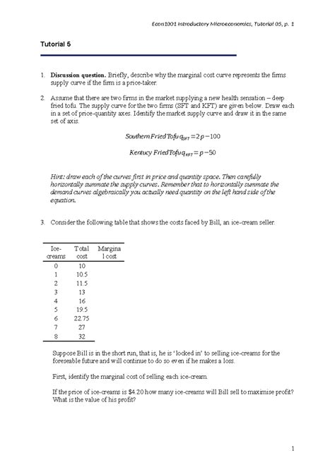 Econ1001 Tutorial 05 Econ1001 Introductory Microeconomics Tutorial 05 P 1 Tutorial 5 1