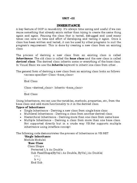 vbdotnetunit3 notes pdf class computer programming inheritance