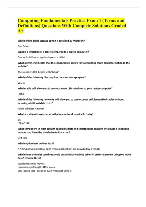 Computing Fundamentals Practice Exam 1 Terms And Definitions Questions With Complete Solutions
