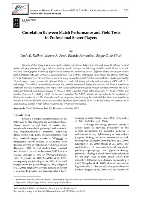 Pdf Correlation Between Match Performance And Field Tests In Professional Soccer Players