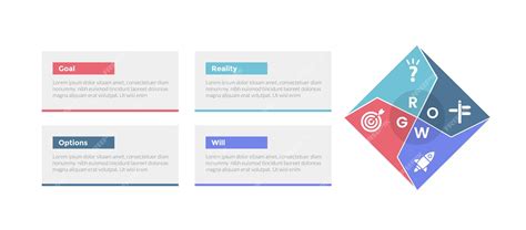 스라이드 프레젠테이션을 위해 4 점 단계 디자인과 함께 다이아몬드 모양과 파동 슬라이드를 가진 Grow 코칭 모델 인포그래픽 템플릿 다이어그램 프리미엄 벡터