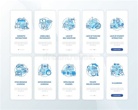 Distance Learning Cons And Types Onboarding Mobile App Page Screen With Concepts Set Stock