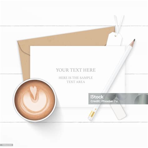 플랫 상단 보기 우아한 흰색 구성 편지 크 라프 트 종이 봉투 연필 지우개 커피 놓고 나무 배경 태그 0명에 대한 스톡 벡터 아트 및 기타 이미지 Istock