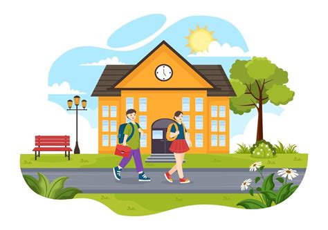 After School Vector Illustration With Students Leave School Building After Class Or Program And After School Vector Illustration With Students Leave School Building After Class Or Program And