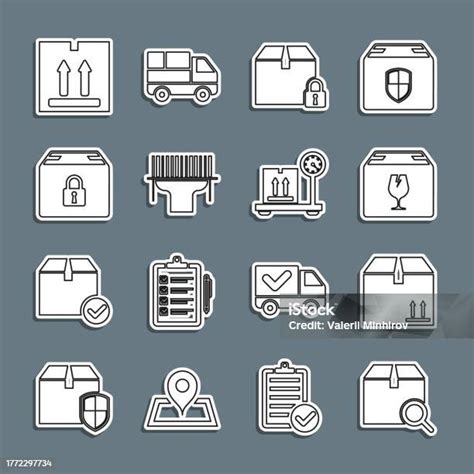 라인 검색 패키지 트래픽이 있는 판지 상자 배달 깨지기 쉬운 콘텐츠 잠김 스캐너 스캔 바코드 및 크기 판지 아이콘을 설정합니다 벡터 감시에 대한 스톡 벡터 아트 및 기타