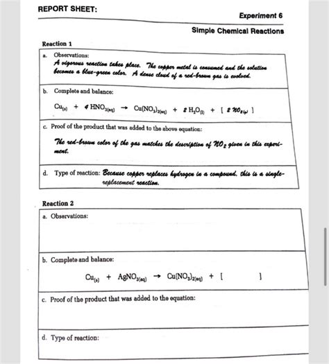 Solved Report Sheet Experiment 6 Simple Chemical Reactions