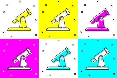 색상 배경에 격리 된 망원경 아이콘을 설정합니다 과학 적인 도구 교육 및 천문학 요소 스파이글래스 및 연구 별 벡터 Planetarium Building에 대한 스톡