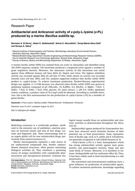 Pdf Antibacterial And Anticancer Activity Of ε{lunate} Poly L Lysine ε{lunate} Pl Produced