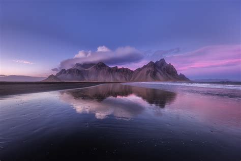 Vestrahorn Mountain Reflection On Black Sand Beach In Iceland Hd