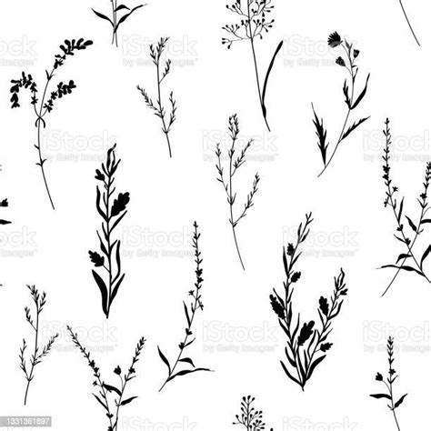 꽃 꽃 원활한 패턴을 꽃 피는 식물 모티프는 무작위로 흩어져 있습니다 흑백 벡터 패턴 디시 패션 프린트 흰색 배경에 손으로 그린 스케치 야생 초원 꽃 0명에 대한 스톡 벡터