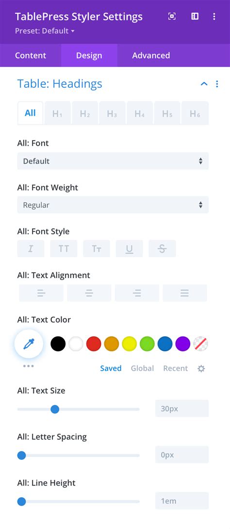 Table Text Headings Design Tab TablePress Styler Docs Divi