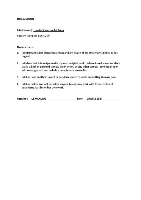 ISC Assignment ISC ASSGNMENT DECLARATION I Full Names Lungile Sbusisiwe Mchunu