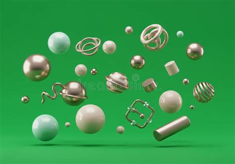 Floating Metallic And Matte Objects Of Various Shapes Including