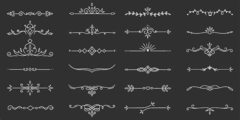 텍스트 구분 기호에 대한 낙서 집합입니다 결혼식 장식 요소 칸막이 장식 테두리 빈티지 라인 칸막이 검은 어두운 배경에 손으로 그린 벡터 일러스트 레이 션 0명에 대한 스톡