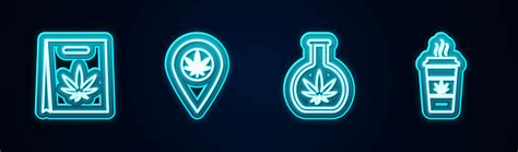 마리화나 위치 및 테스트 튜브와 커피의 세트 라인 쇼핑 가방 빛나는 네온 아이콘 벡터 건강 검진에 대한 스톡 벡터 아트 및 기타 이미지 건강 검진 건강 진단 건강