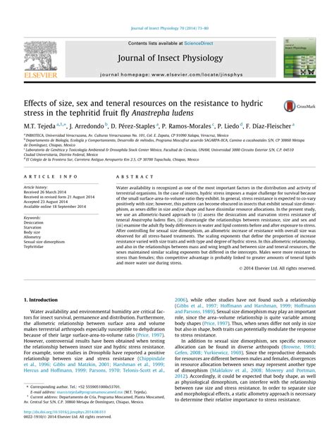 Pdf Effects Of Size Sex And Teneral Resources On The Resistance To Hydric Stress In The