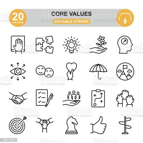 코어 값 아이콘 집합입니다 편집 가능한 스트로크 아이콘 세트에는 정직성 성취 혁신 창의성 신뢰성 협업 평판 등의 아이콘이 포함되어 있습니다 아이콘 세트에 대한 스톡 벡터