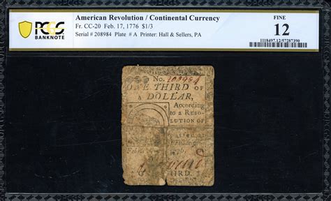 Fr Cc 20 February 17 1776 1 3 Continental Currency Note Pcgs
