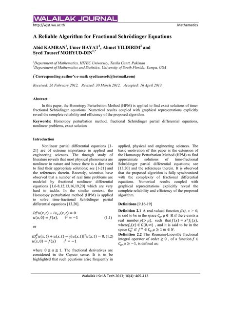 Pdf A Reliable Algorithm For Fractional Schrödinger Equations
