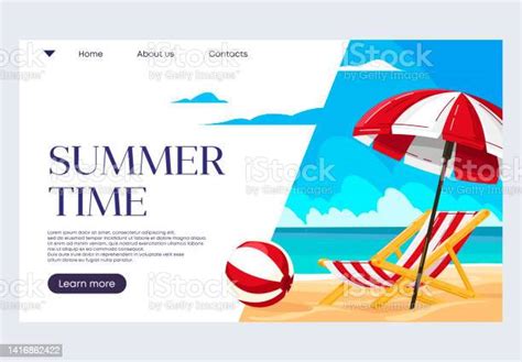 웹 사이트의 배너 템플릿의 벡터 일러스트레이션 여름철의 개념 빨간색과 흰색 해변 체이스 롱큐 및 그 위에 빨간색 우산이있는 비치 볼 모래에 대한 스톡 벡터 아트 및 기타