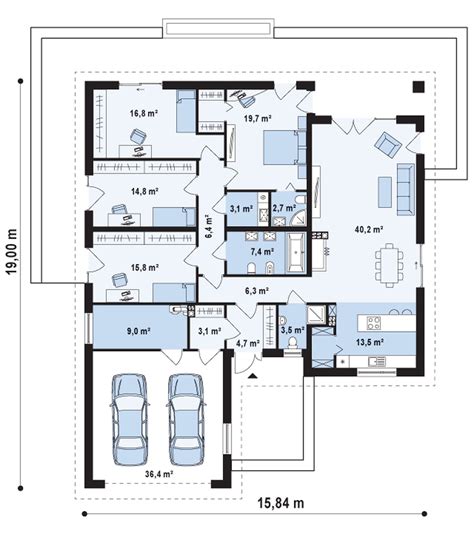 Проект СП 199 Одноэтажный дом с гаражом просторной гостиной и четырьмя большими спальнями 207