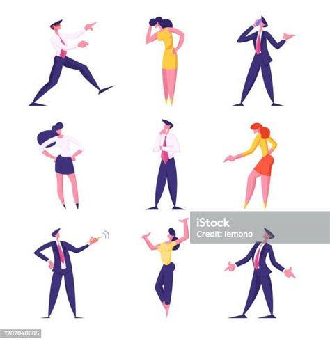 흰색 배경에 격리 된 사업가 남성과 여성 캐릭터의 집합입니다 남자와 여자 착용 공식적인 드레싱 스탠드 에 다른 자세 통신 몸짓 만화 플랫 벡터 일러스트 일러스트레이션에 대한