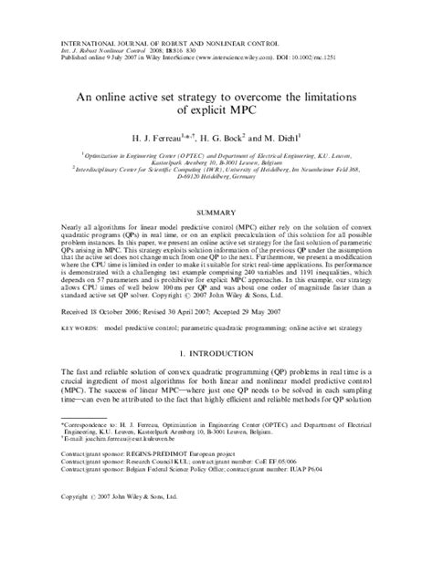 pdf an online active set strategy to overcome the limitations of explicit mpc