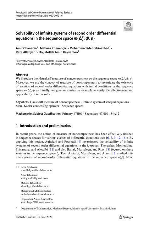 Pdf Solvability Of Infinite Systems Of Second Order Differential Equations In The Sequence