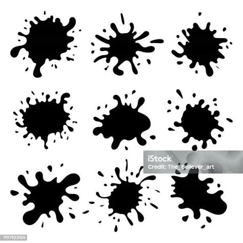 흰색 배경에 설정된 검은색 잉크 반점입니다 잉크 일러스트레이션 벡터 그림입니다 개체 그룹에 대한 스톡 벡터 아트 및 기타 이미지