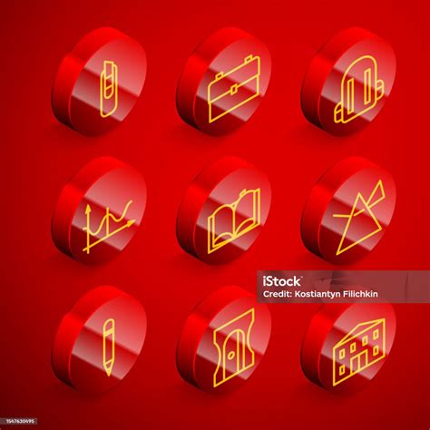 세트 라인 편지지 칼 학교 배낭 그래프 일정 차트 다이어그램 책 열기 프리즘의 광선 지우개 및 숫돌 아이콘이있는 연필 벡터 3차원 형태에 대한 스톡 벡터 아트 및 기타