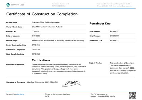 Professional And Complex Construction Completion Certificate Template