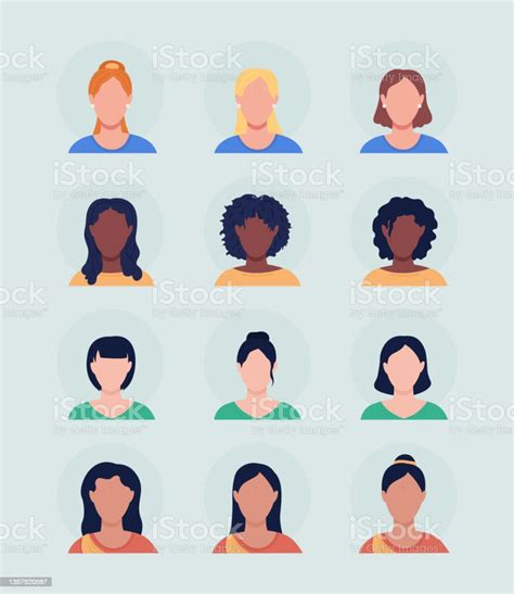 헤어 스타일 세미 플랫 컬러 벡터 캐릭터 아바타 세트와 여성 2차 도형에 대한 스톡 벡터 아트 및 기타 이미지 2차 도형