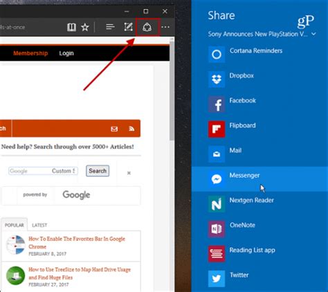 how to share web content using microsoft edge in windows 10