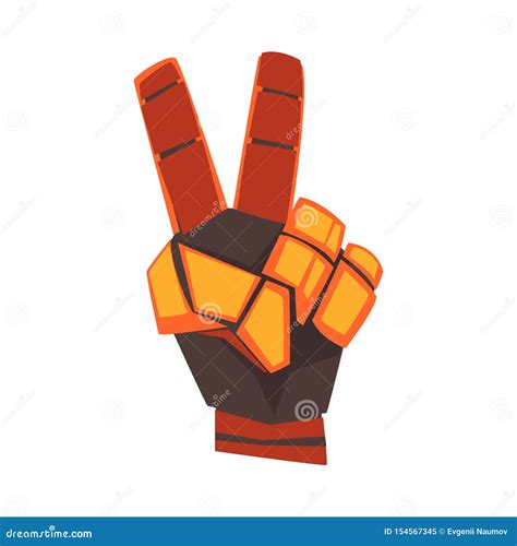 Robot Hand Showing Victory Sign Gesture Orange Mechanical Palm