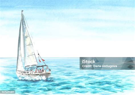 범선 파도에 항해 요트 흰색 배경에 격리된 손으로 그린 수채화 그림 요트 레크리에이션 선박에 대한 스톡 벡터 아트 및 기타
