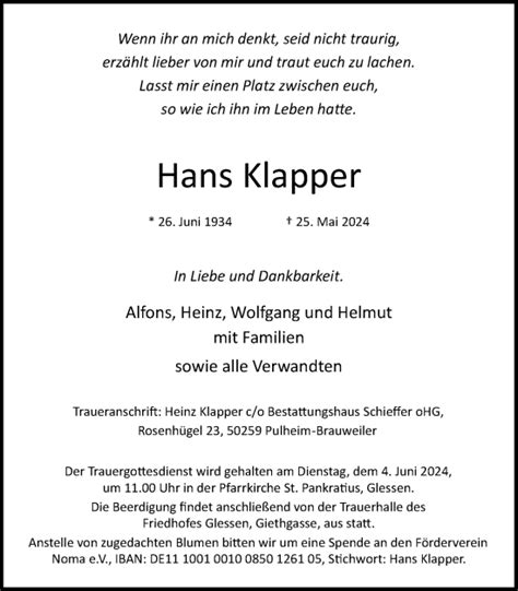 Traueranzeigen Von Hans Klapper Wirtrauern